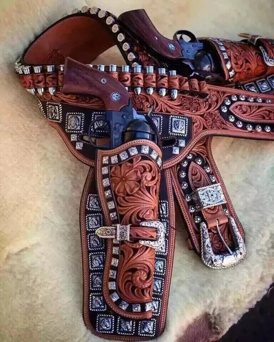 LEATHER GUN HOLSTER BELT 44/45 RUGER COLT UBERTI WESTERN FAST DRAW ...