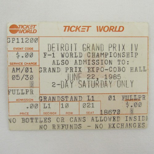 1985 Detroit Grand Prix Formula One Ticket Saturday June 22, World ...