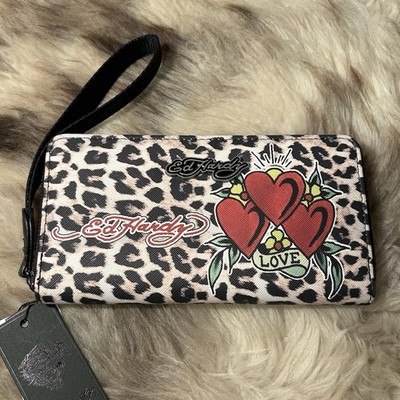 NWT Ed Hardy Zip Around Wristlet - Triple Hearts On Cheetah Print | eBay