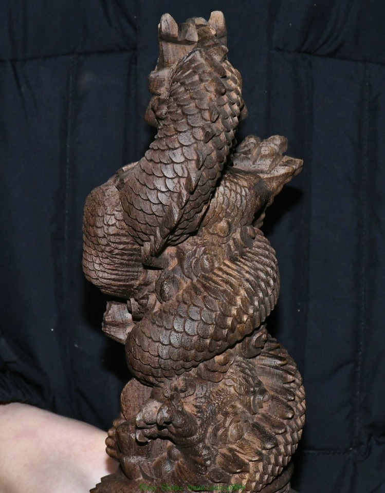 8.2" Old Chinese Dynasty Wood Carved Fengshui Dragon Loong Beast ...