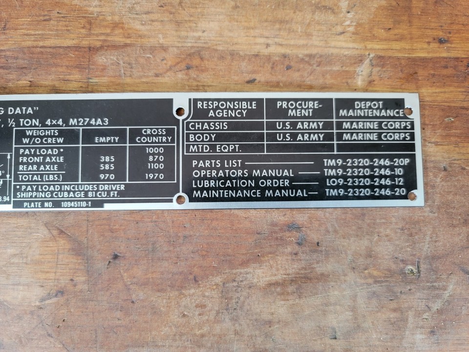 M274A3 Mule Military Data Plate Nomenclature 10945110-1 | eBay
