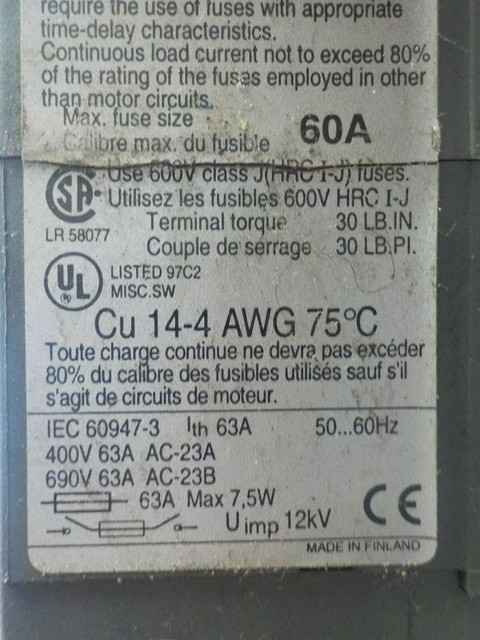 ABB OS60J12 60A Fused Disconnect Switch 3 Pole 600V for sale online | eBay