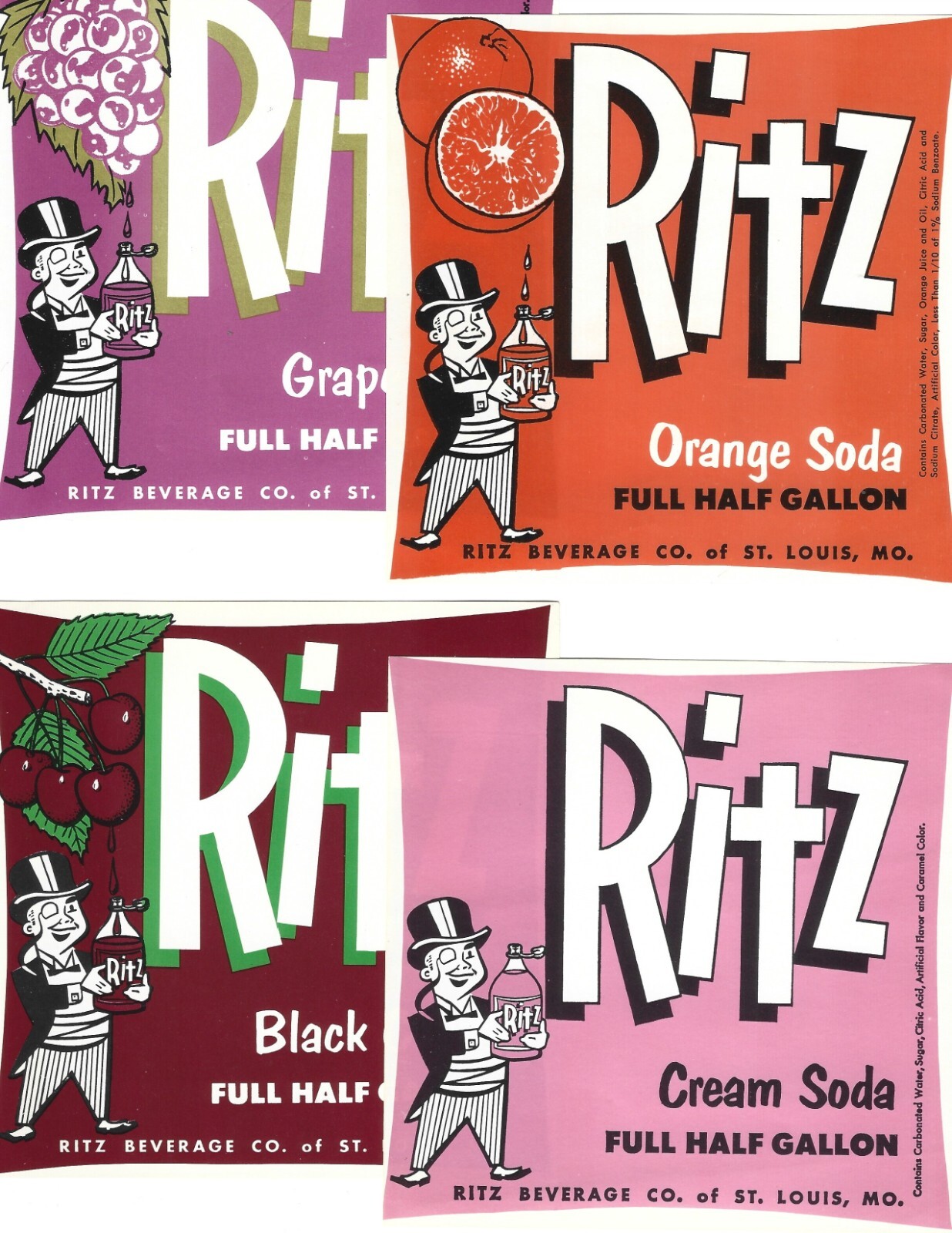 24 RITZ Beverage Soda Bottle Half Gallon Labels Orange Grape Black ...