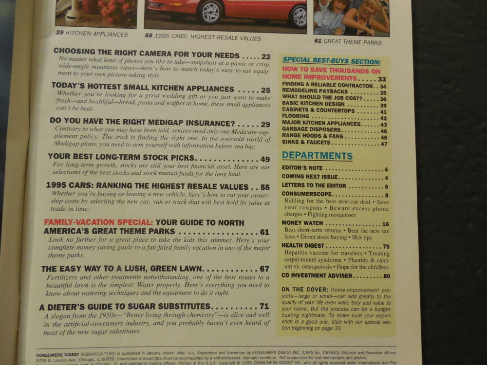 Consumers Digest May/Jun 1995 Cars; Home Improvements; Vacations ID ...