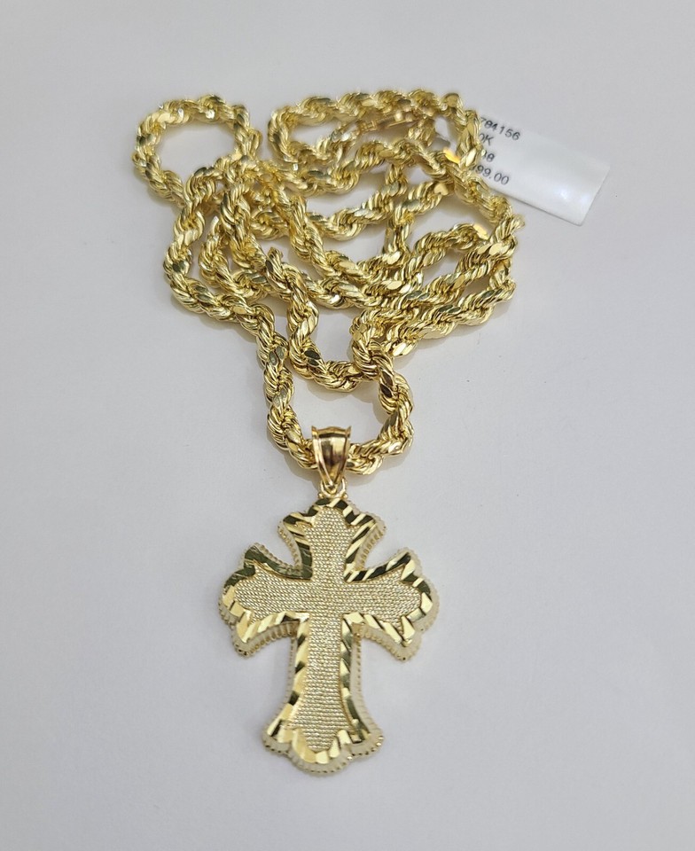 10k Jesus Cross Charm Rope Chain Set 4mm 18"-28" Inches Necklace Yellow ...