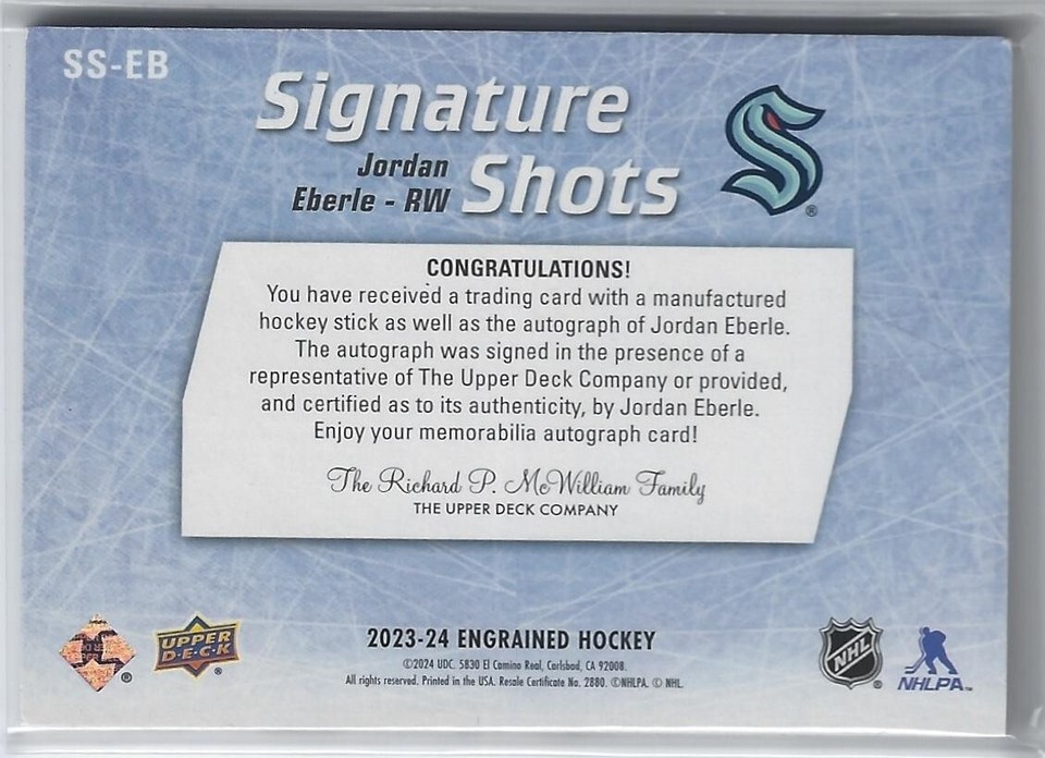 2023-24 Upper Deck Engrained Signature Shots SS-EB Jordan Eberle 66/99 ...