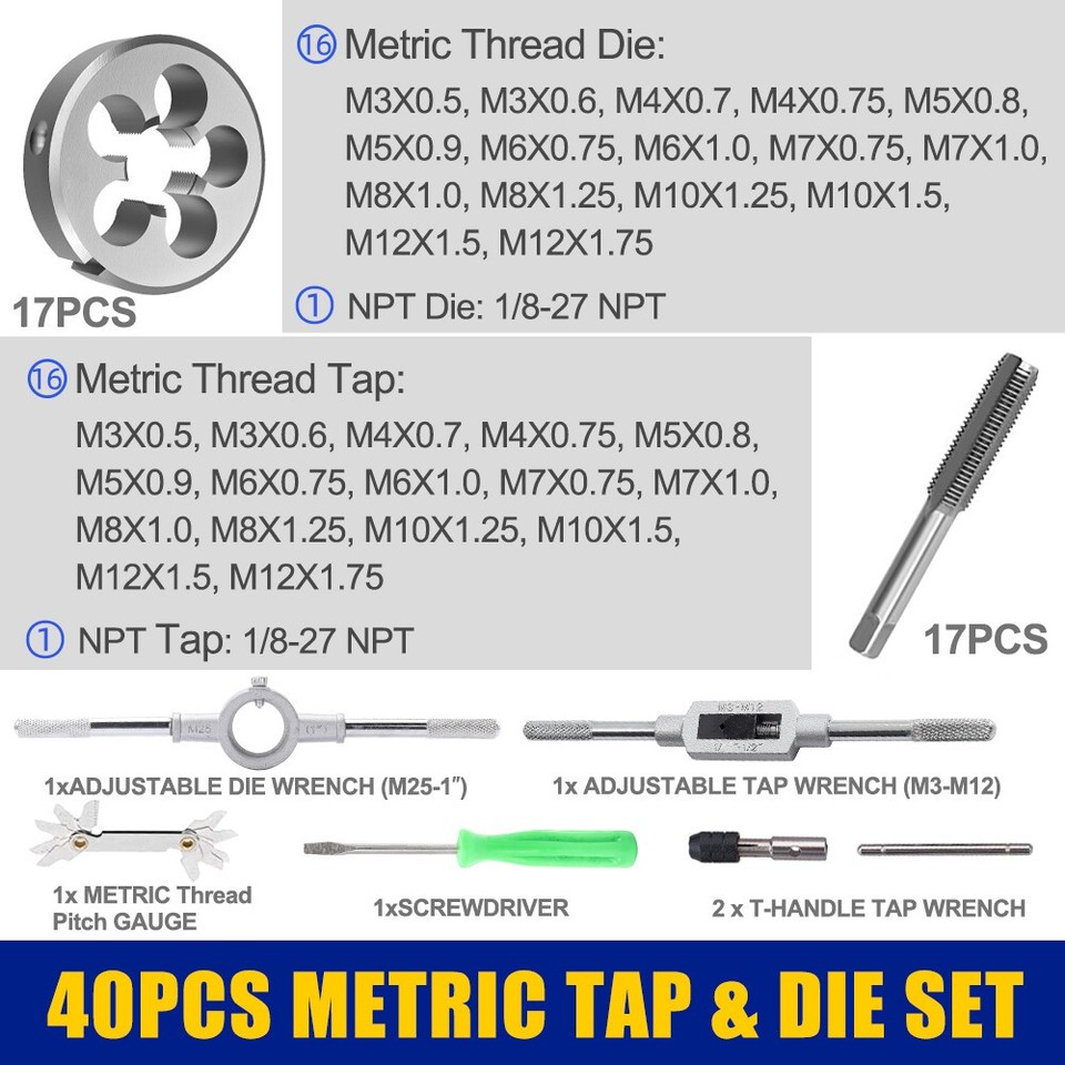 40 Pcs Tap and Die Set in SAE and Metric Sizes Standard With Coarse ...