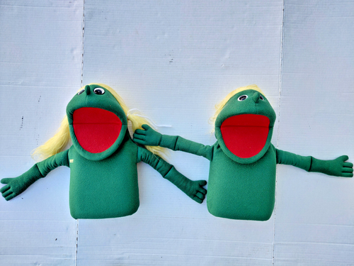 Handmade By Train Depot Hand Puppets Green Girl and Boy Therapy Play ...