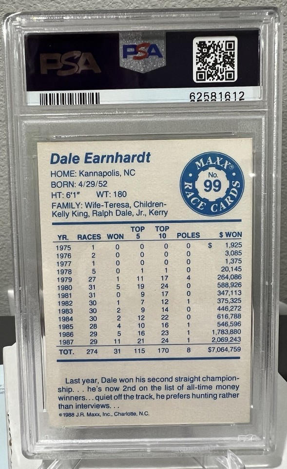 1988 Maxx Charlotte #99 Dale Earnhardt Promo Rookie Card RC SP PSA 9 ...