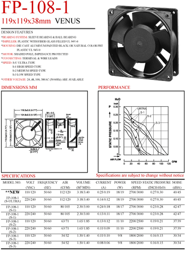 FP-108-1 ROTARY AXIAL FAN 120x120x38mm 220/240V AC 18/17 W 50/60 Hz 0. ...