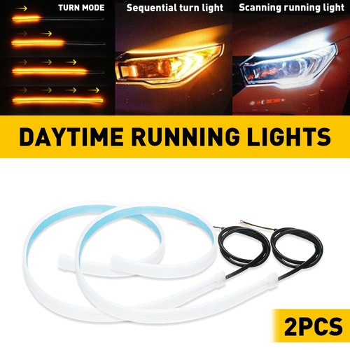 2 x 60CM White Amber Sequential Flexible LED DRL Turn Signal Strip for ...