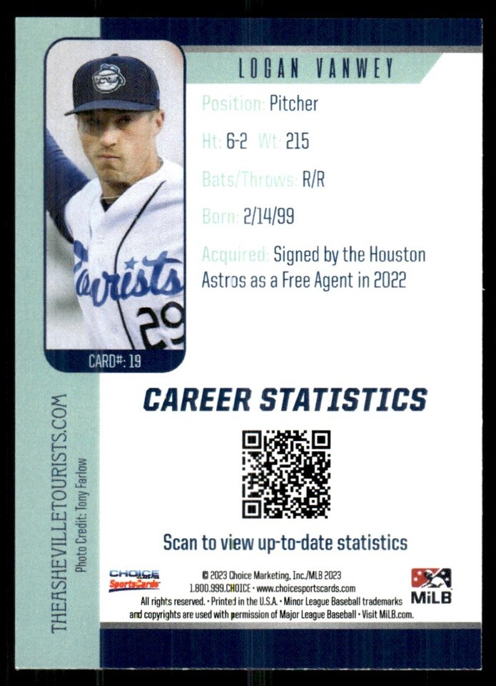 2023 Choice Logan Vanwey Rookie Asheville Tourists Houston Astros | eBay