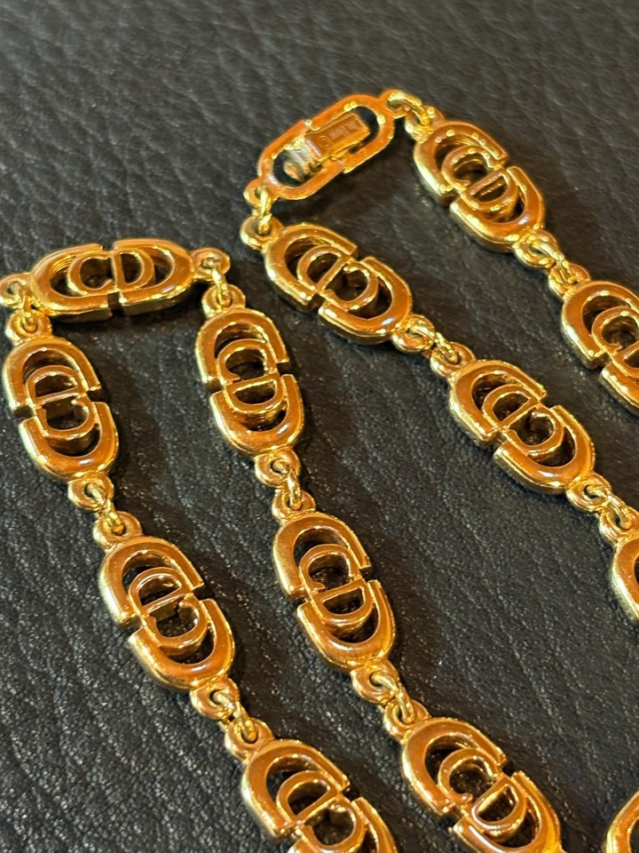 CHRISTIAN DIOR Long Necklace Long Chain AUTH CD LOGO Vintage Gold 15 ...