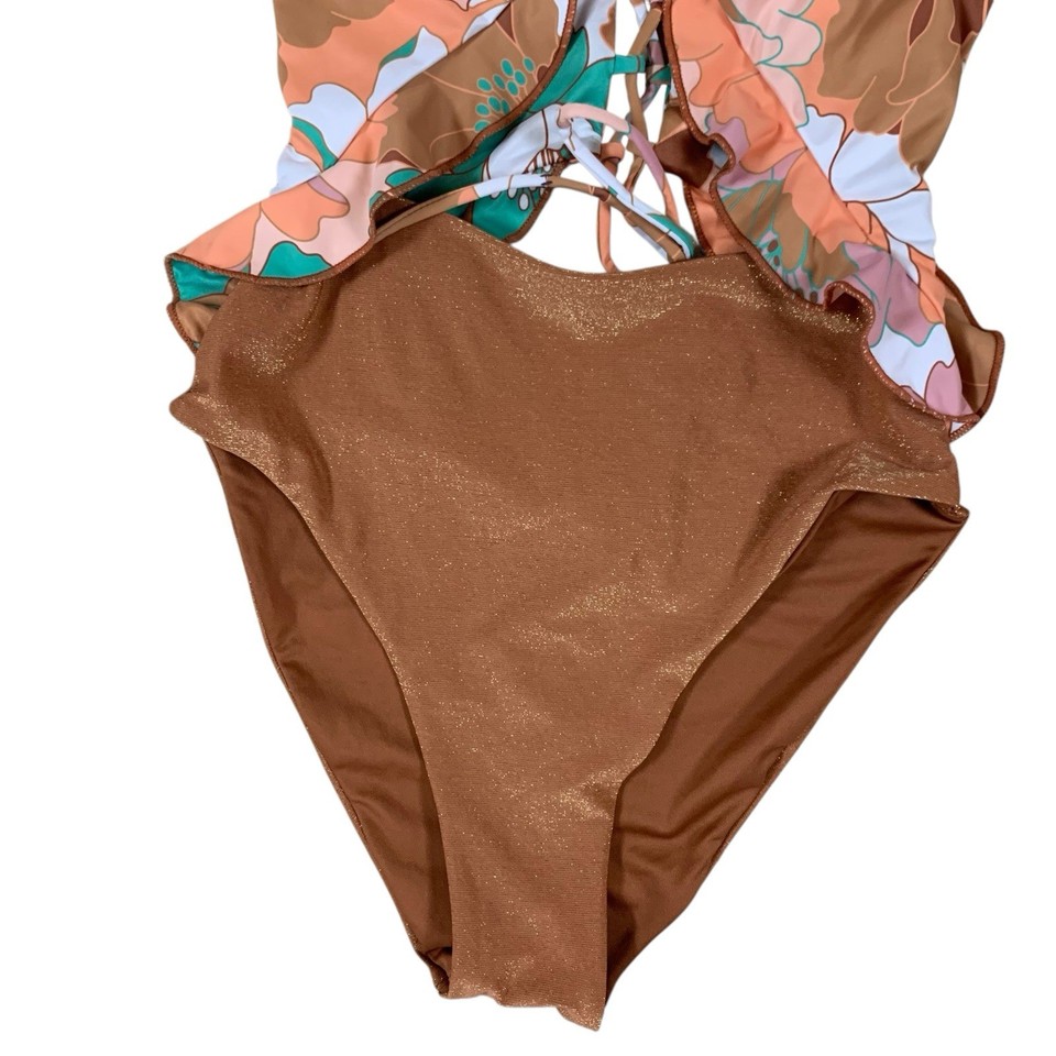 P2F Carly Floral Cutout One Piece Swimsuit Brown Pink Teal M Retro ...