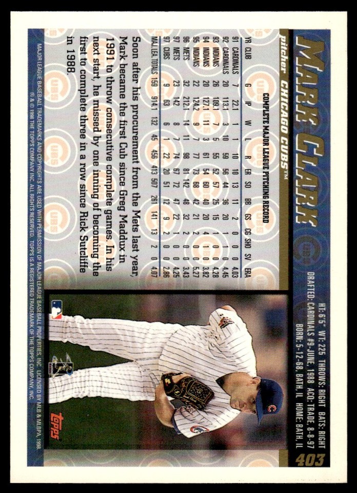1998 Topps Baseball Card Mark Clark p Chicago Cubs #403 | eBay