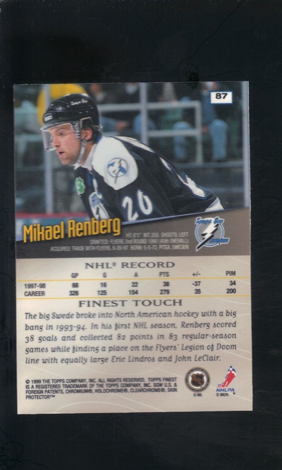 1999 TOPPS FINEST HOCKEY CARD MIKAEL RENBERG #87 NM-MT LIGHTNING | eBay