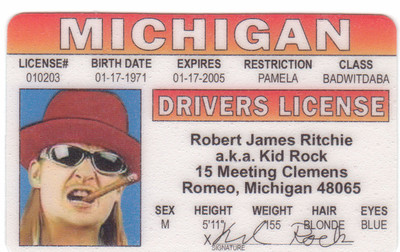Kid Rock Romeo Michigan Drivers License "American Bad Ass" U S Senate ...