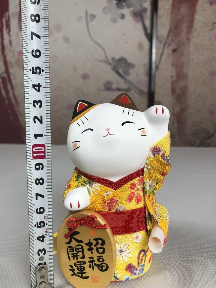 Maneki Neko Lucky Cat Japanese Ceramic Figurine Yellow Kimono Beckoning ...