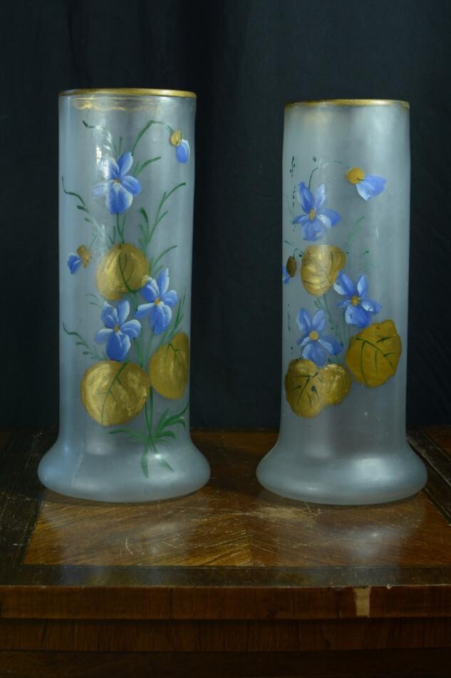 Pairs Of Vases Antique Art Nouveau Glass Frosted Flowers Blue And ...