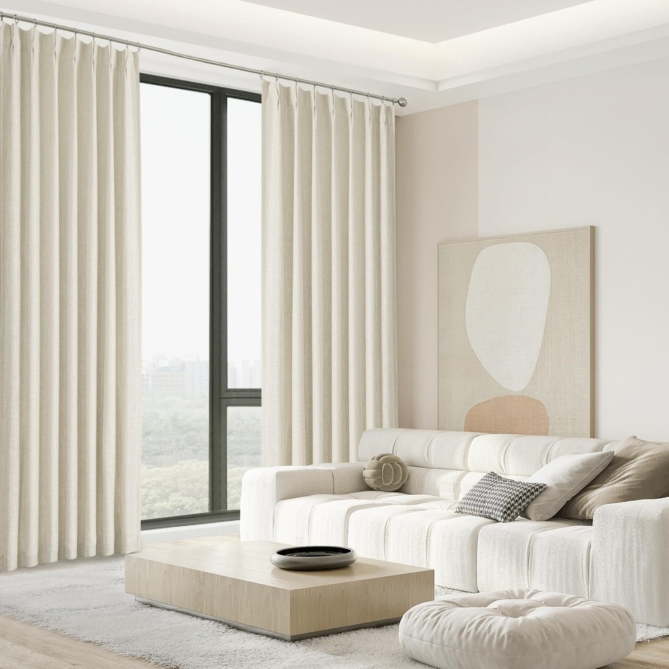 Pinch Pleated Full Blackout Curtains Linen Texture Noise Reducing ...