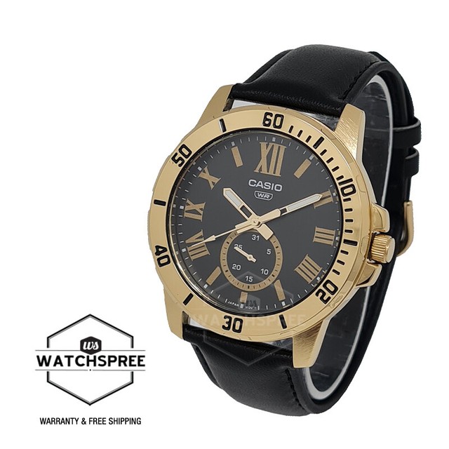 Casio MTP-VD200GL-1B Gold Roman Numeral Black Leather Analog Quartz Men ...