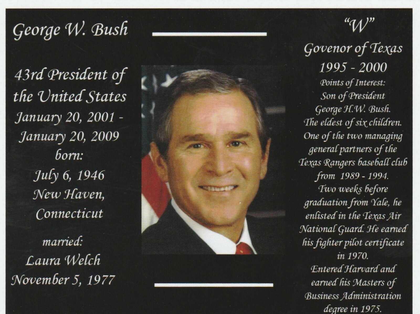 *Postcard-"Pres. George W. Bush"-*Brief Bio* /43rd US President (2001 ...