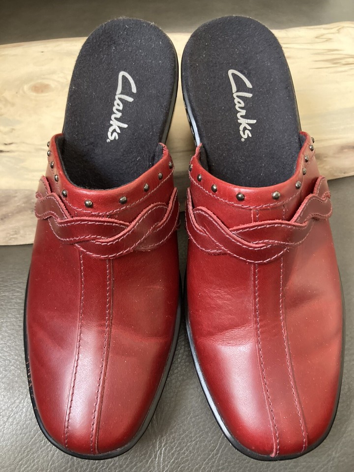 CLARKS Clogs Shoes Womens 6M Red Leather Slip On Comfort Low 2” Heels ...