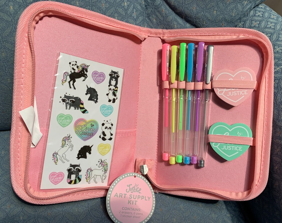 JUSTICE BACK TO SCHOOL ART SUPPLY KIT UNICORN/RACCOON/PANDA SHIMMERING ...