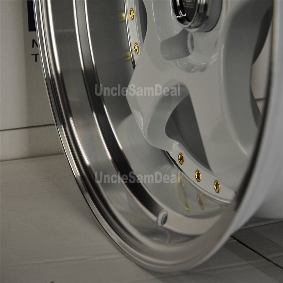 17x9 5x114.3 +20 MST MT07 GLOSS WHITE 5 SPOKES MACHINE LIP GOLD RIVET ...