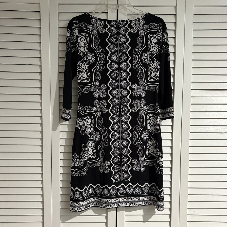 WHBM Black White Sheath Dress Size XS Stretch 3/4 Sleeve Floral Pattern ...