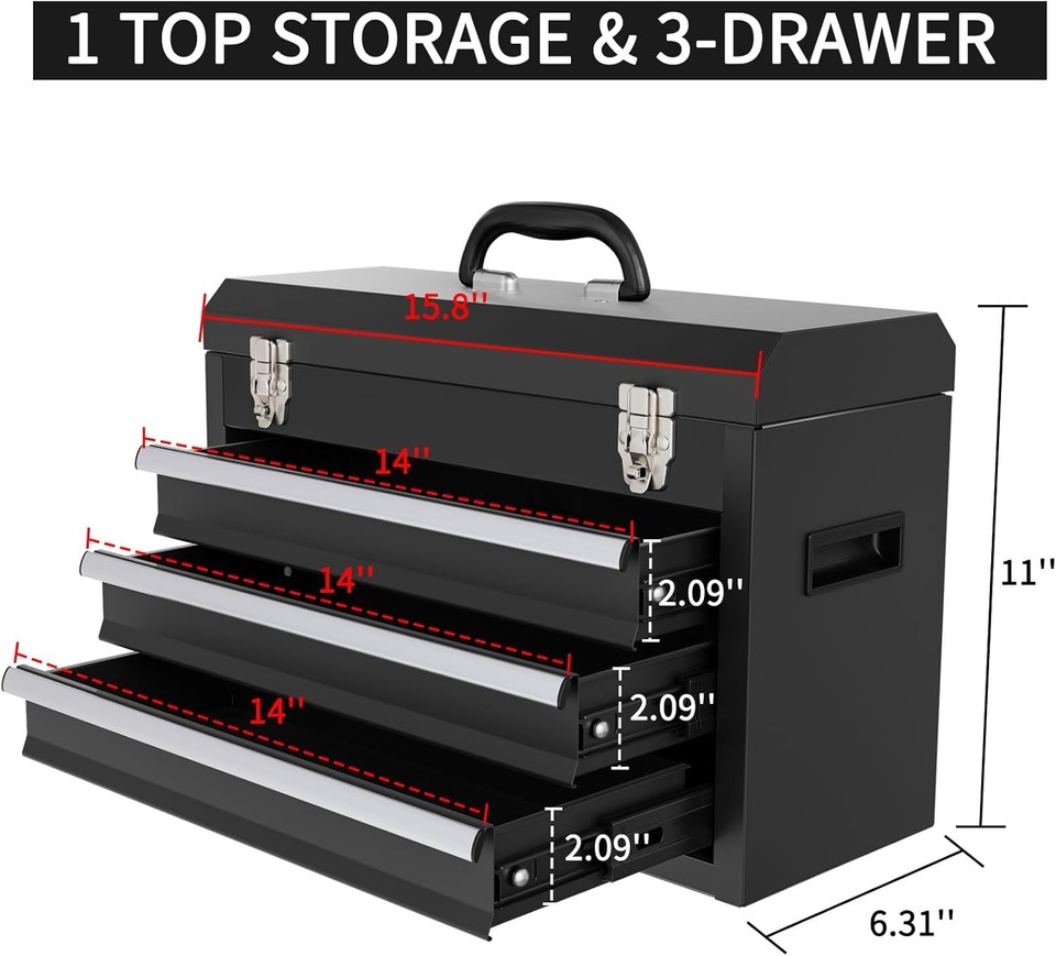 Portable Metal Tool Box 3 Drawers Lockable Heavy Duty Tool Chest ...