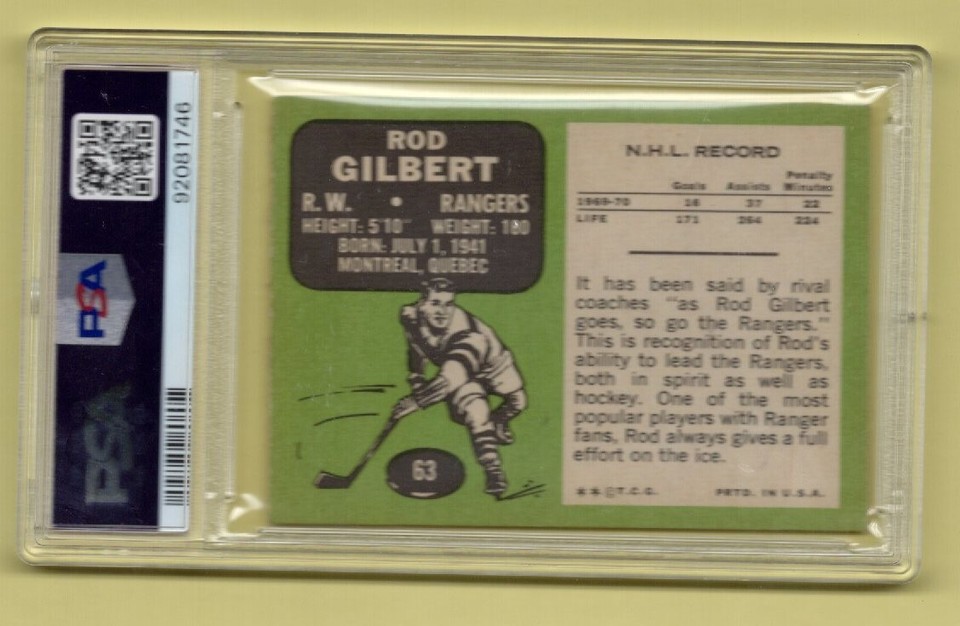 1970 Topps #63 Rod Gilbert New York Rangers PSA 5 EX Hockey Card HOFER ...