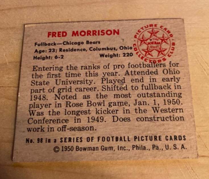 1950 Bowman Football Fred Morrison #98 Rookie Chicago Bears Ohio State ...
