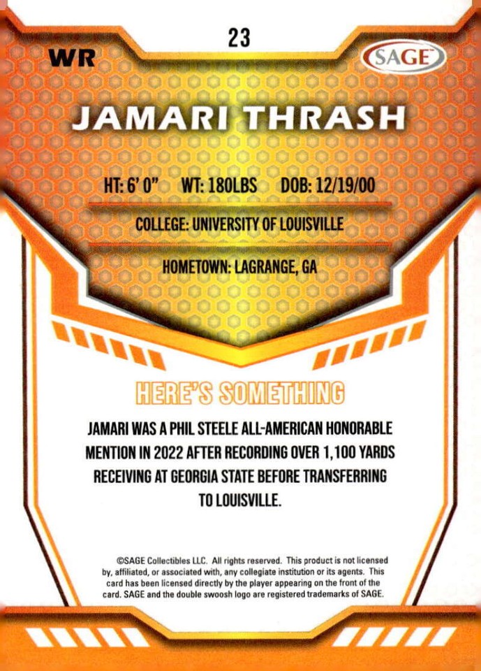 JAMARI THRASH RC 2024 SAGE Hit Low Series #23 ROOKIE NCAA NFL ID:94733 ...