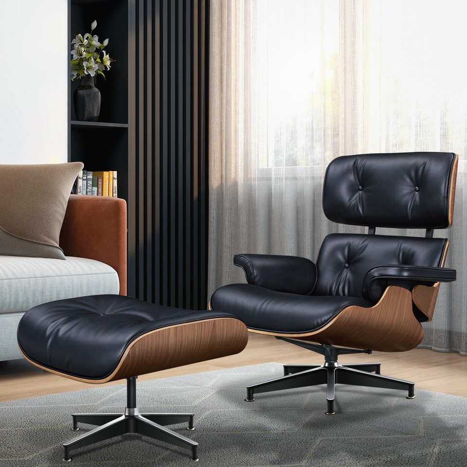 Mid Century Eams Lounge Chair and Ottoman Set Top Grain Leather ...