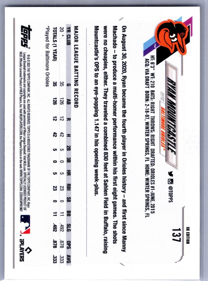2021 Topps - Vertical, Rookie Cup #143 Ryan Mountcastle UK Edition (RC ...