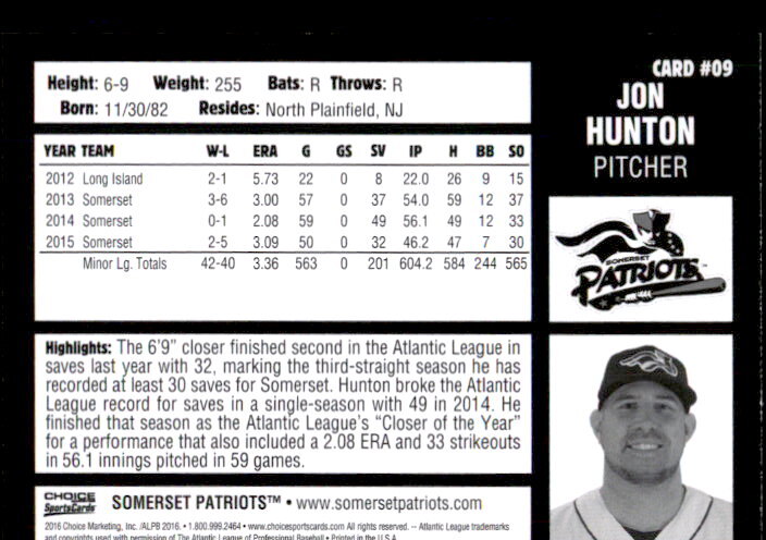 2016 Somerset Patriots Choice #9 Jon Hunton North Plainfield New Jersey ...