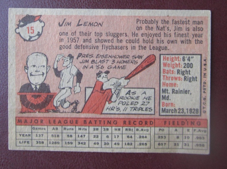 1958 Topps Jim Lemon (Washington Senators) #15 VG/EX | eBay
