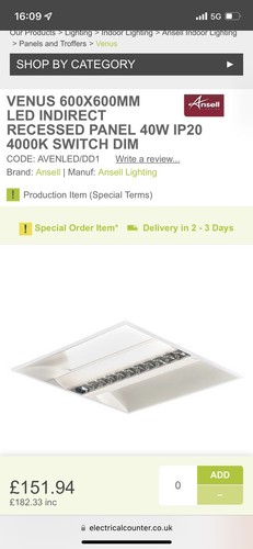 Ansell AVENLED/DD1 Venus LED Indirect Recessed Panel 40W 4000K Dimmable ...