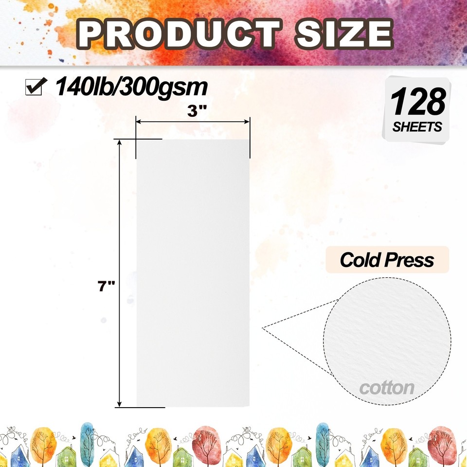 128 Sheets Cotton Watercolor Paper 140lb/300 GSM Paint Paper 3x7 Inch ...