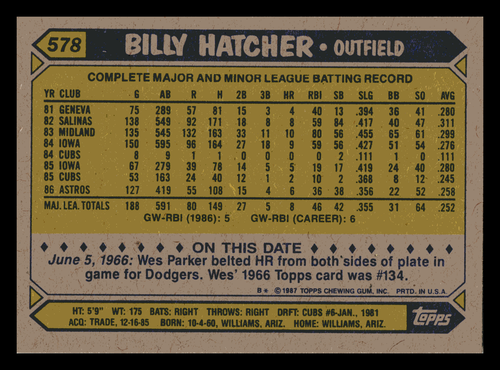 1987 Topps Billy Hatcher Houston Astros #578 NM-MINT | eBay