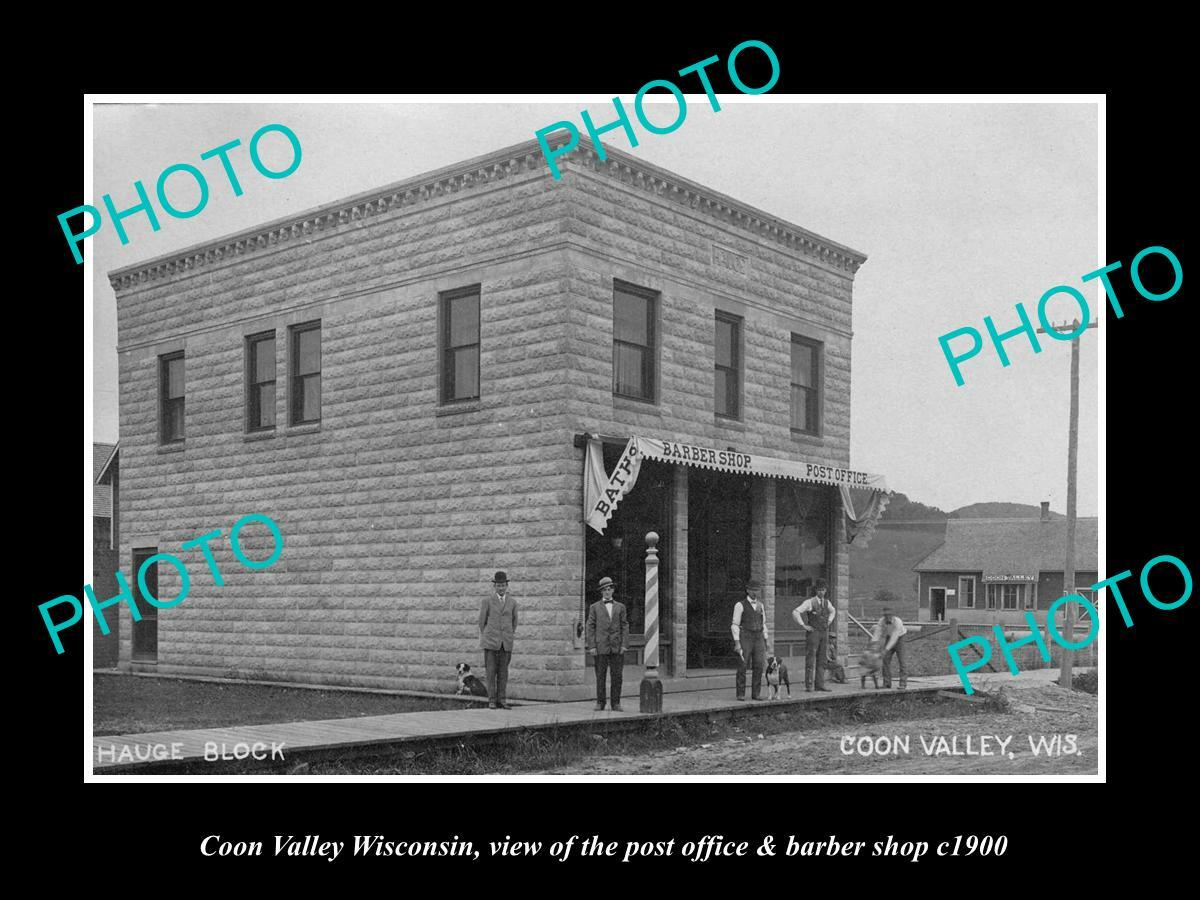 OLD POSTCARD SIZE PHOTO OF COON VALLEY WISCONSIN THE PO & BARBER SHOP ...