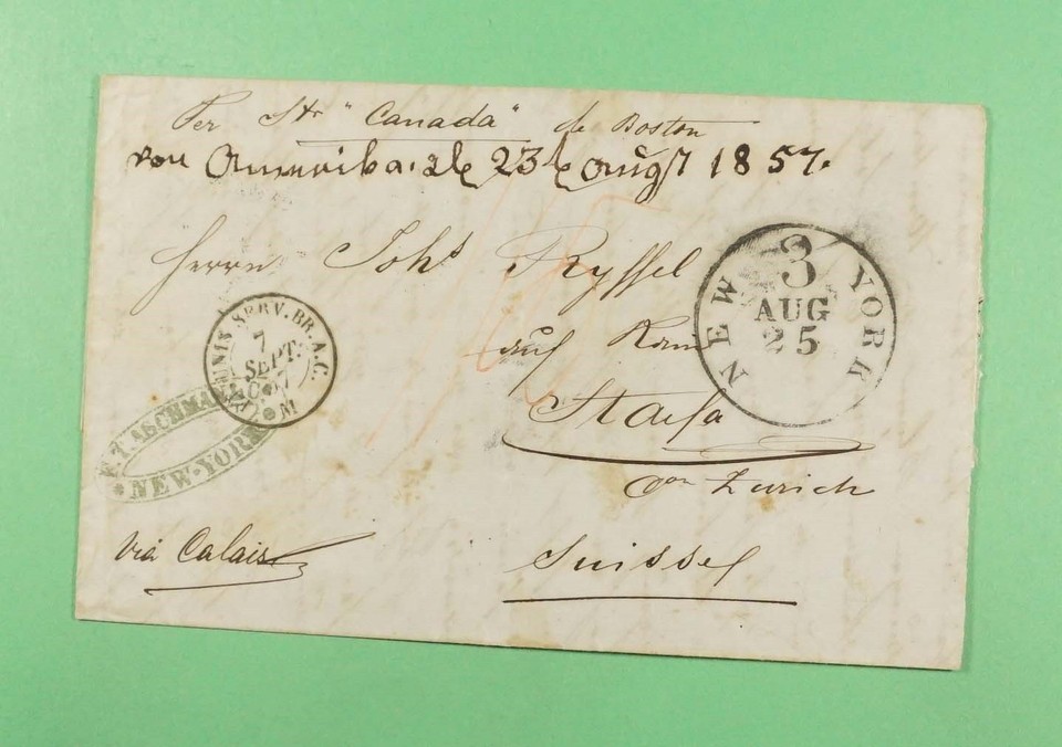 DR WHO 1857 STAMPLESS F/L PAQUEBOT CANADA SHIP NY TO STAFA SWITZERLAND ...