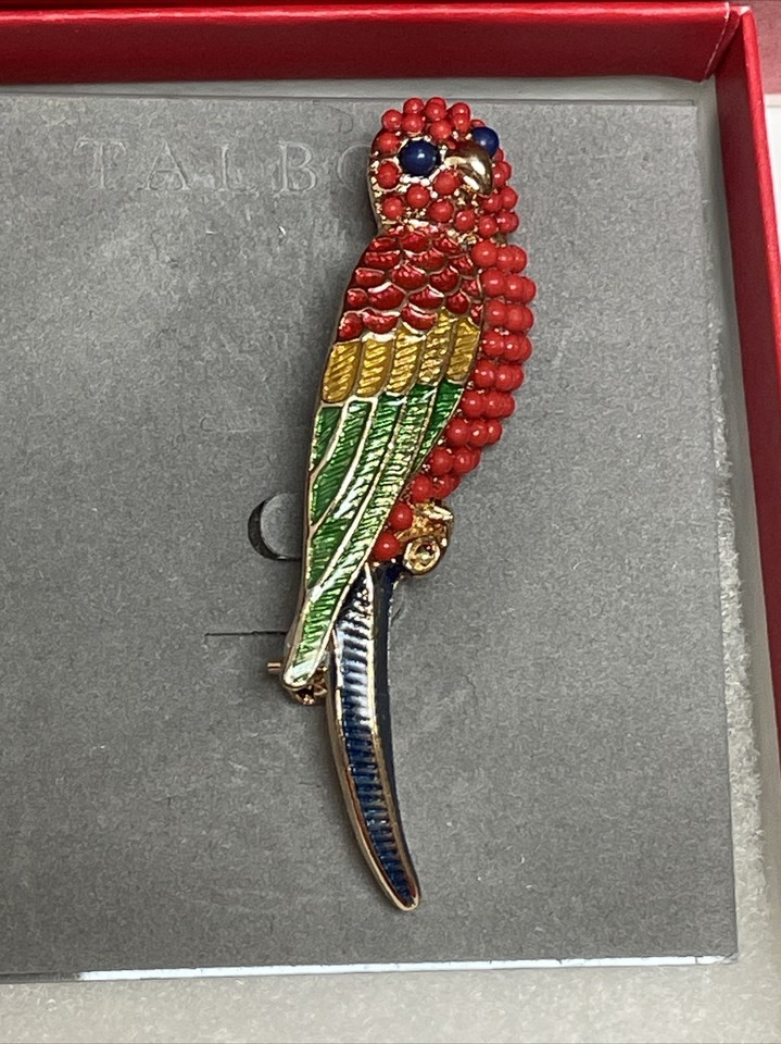 TALBOTS GOLD TONE ENAMEL CABOCHON PARROT BIRD FIGURAL PIN BROOCH NEW ...