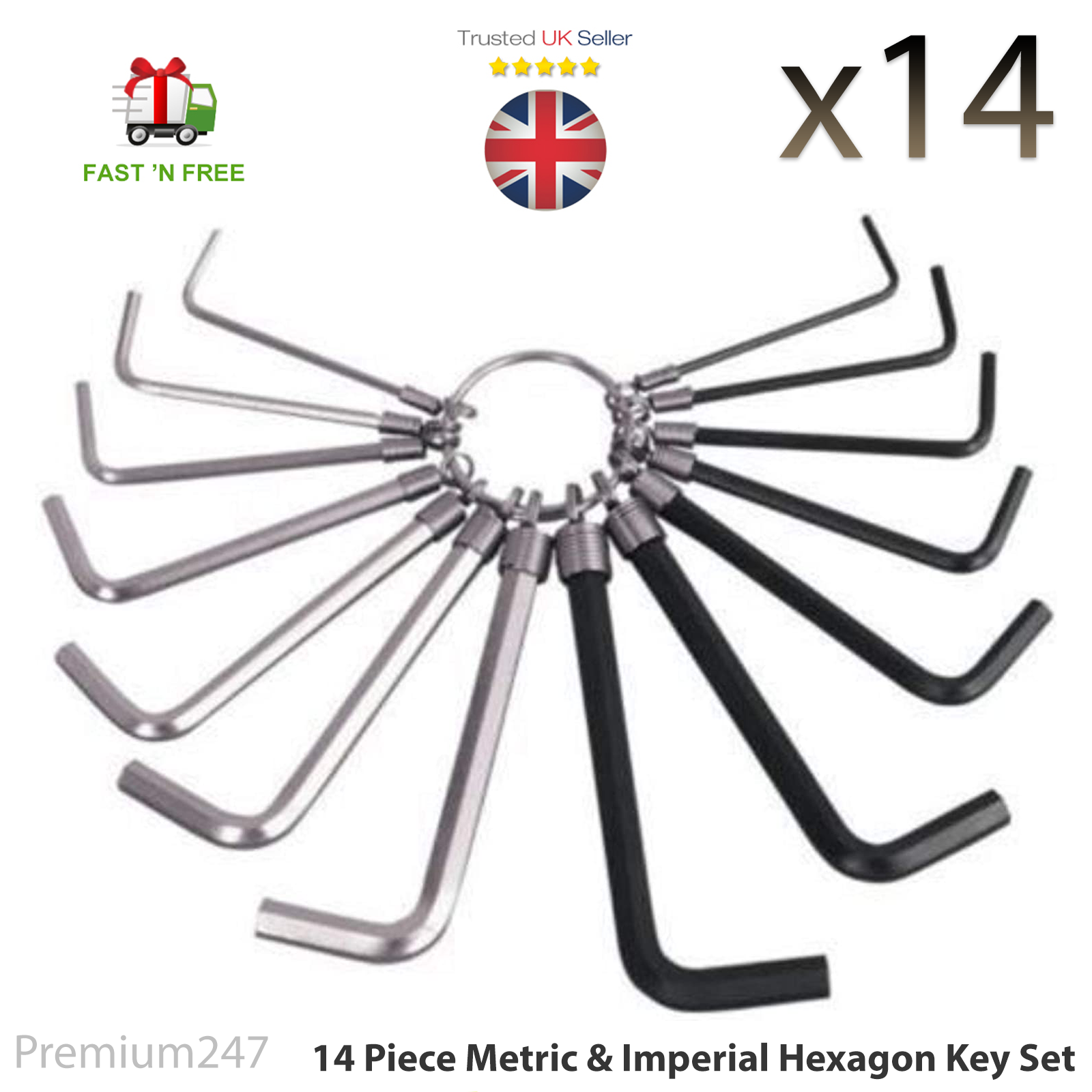14x Metric Imperial Allen Key Hex Set Kit Allan Alan Alen Anti Rust Set ...