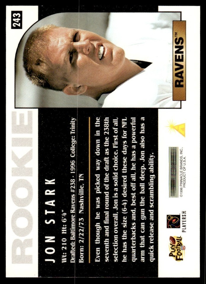 1996 Score Football Card Jon Stark Rookie Baltimore Ravens #243 | eBay