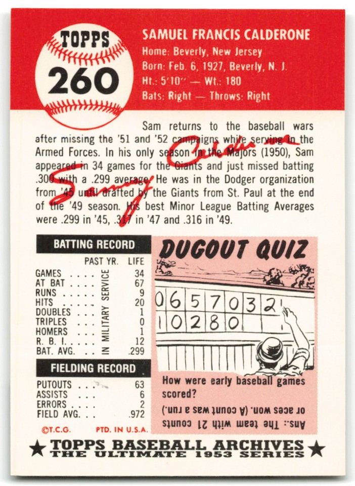 1991 Topps Archives 1953 #260 Sam Calderone Bio white text **Excellent ...