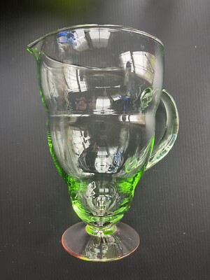 VINTAGE PINK & GREEN DEPRESSION GLASS PITCHER RUFFLED WATERMELON TIFFIN ...