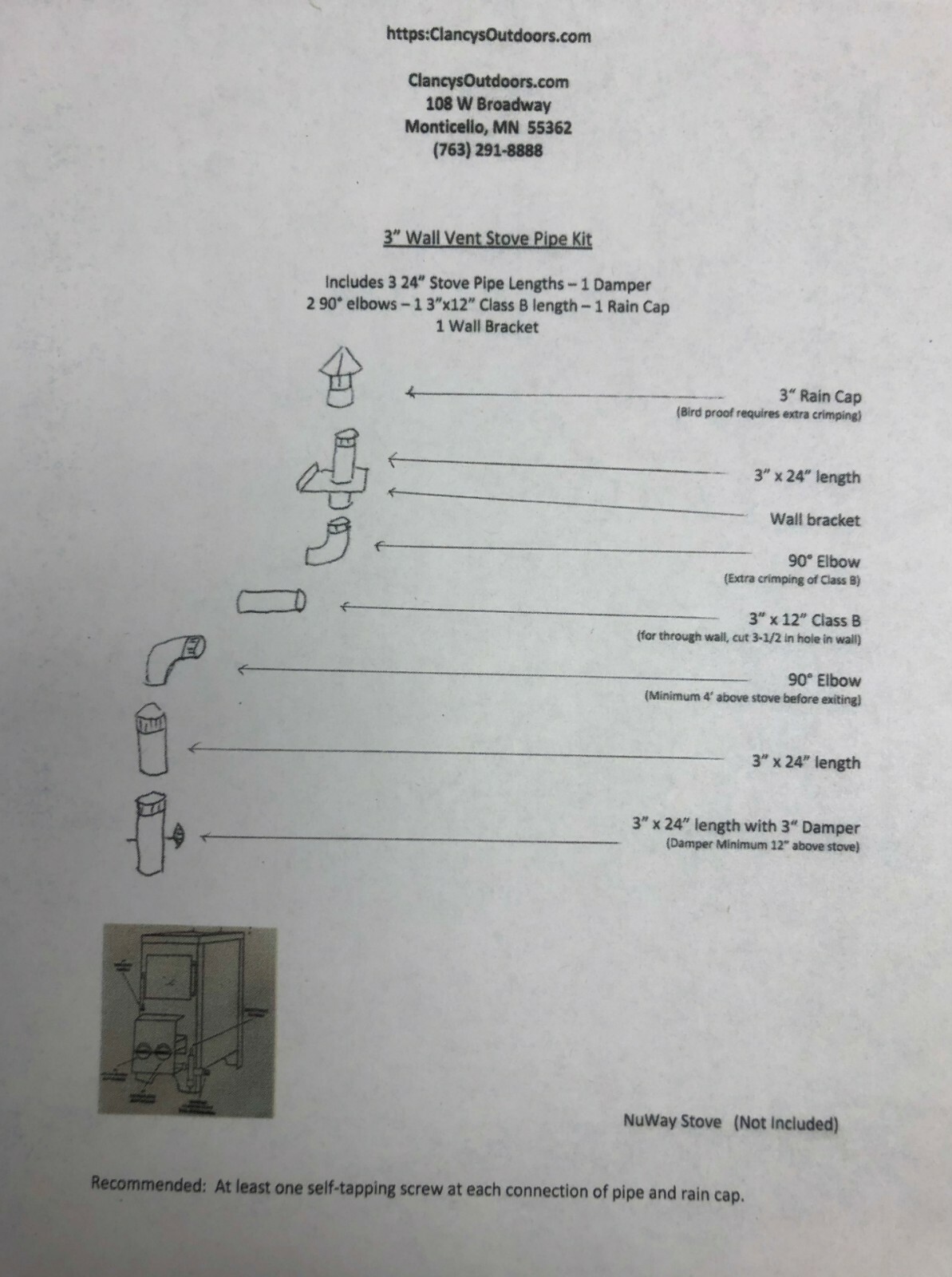 Nu-Way 3 inch wall vent kit wood propane LP fish house stove Complete ...