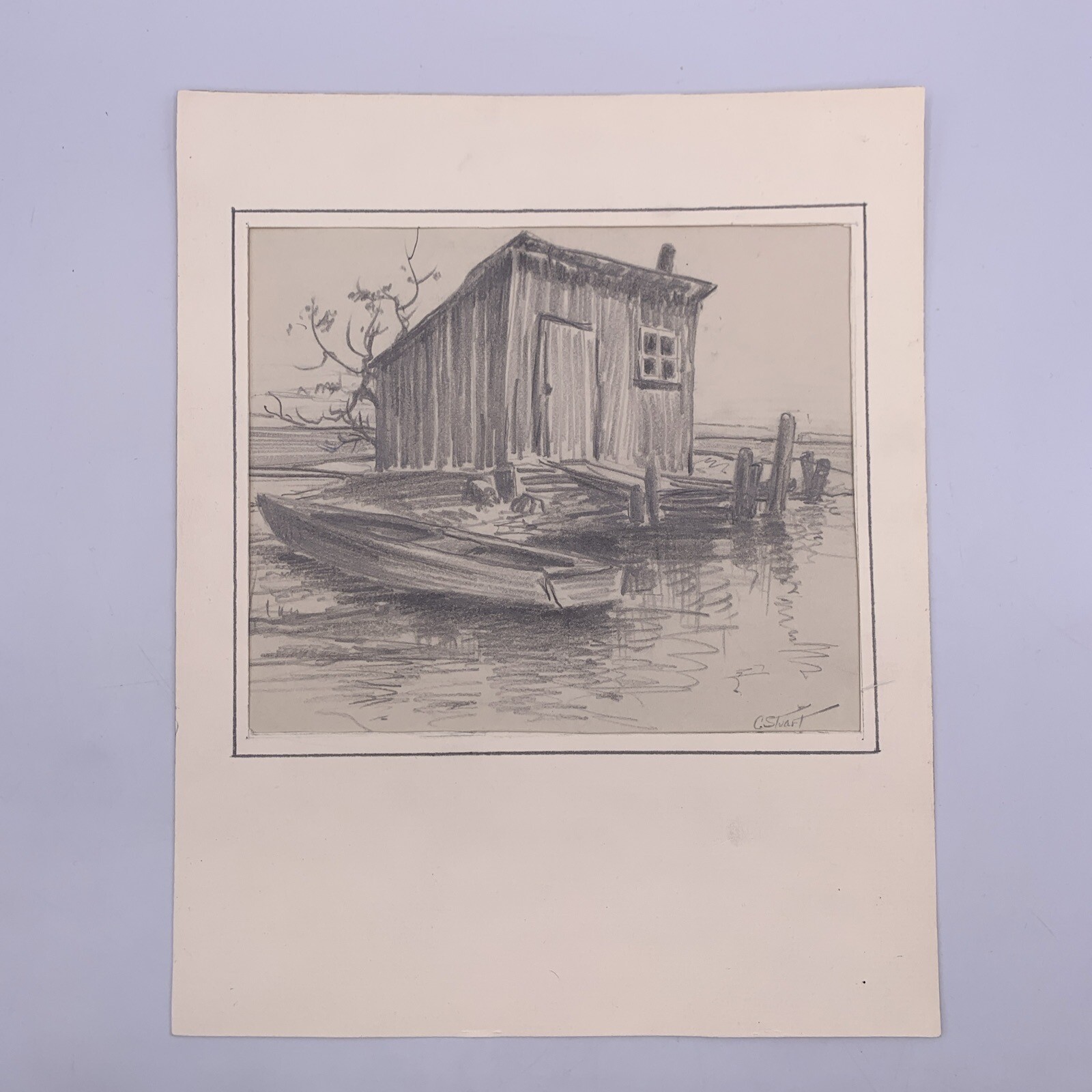 Vintage Americana Original Folk Art Charcoal Pencil Sketch Boathouse By ...